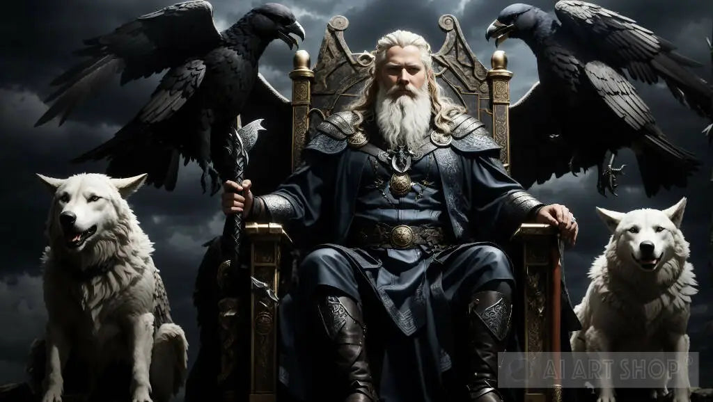 Odin with two ravens and two wolves