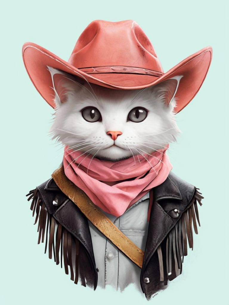 Adorable Cowboy Cat Digital Art Print Cute Western Wall Decor for C...