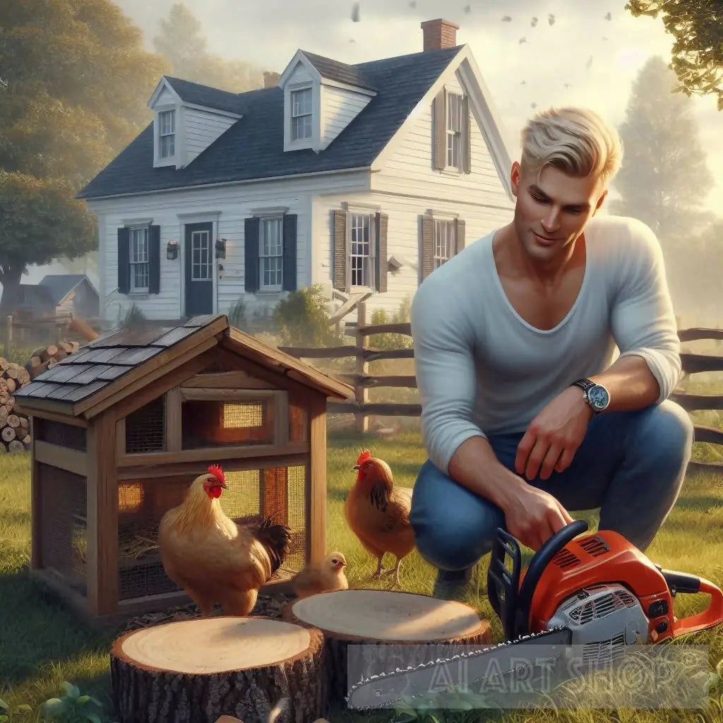 Digital art AI image of handsome country man and chickens, chopping...