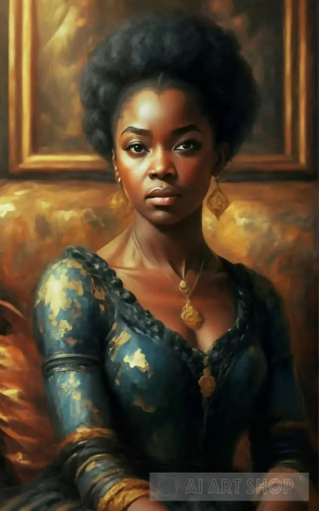 Oil painting of a beautiful black African woman sitting on an antique