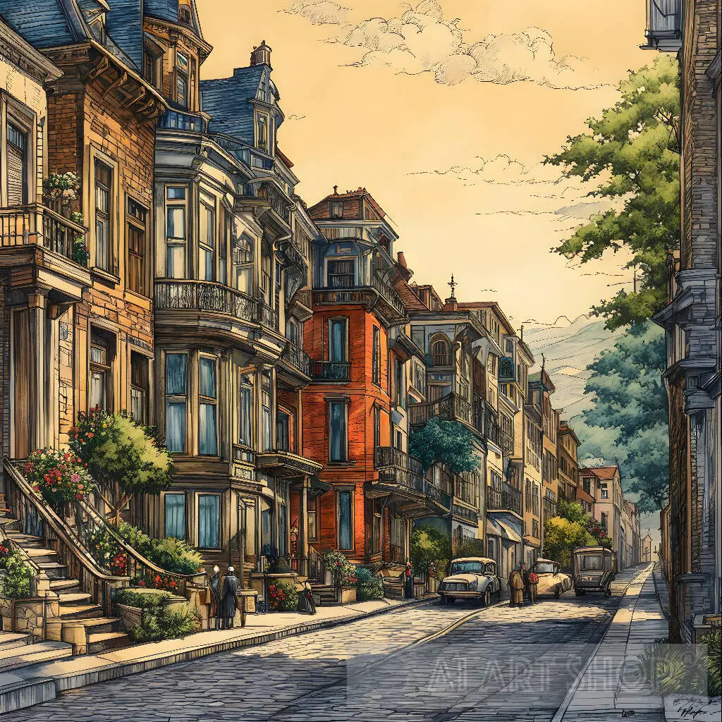 Old, neighborhood, Sketch,1920s, art, building, street, digital, ai...