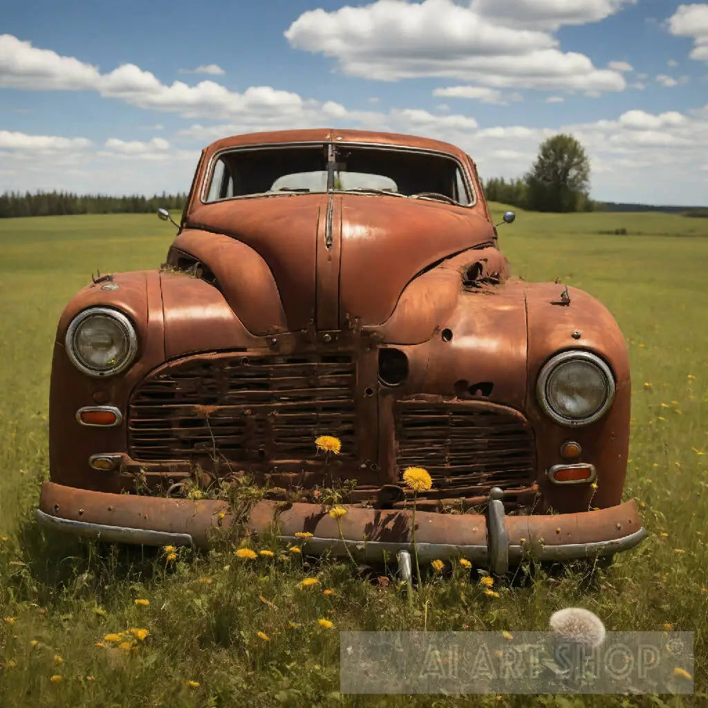 rusted car, cars, old car, nature, field, red, flowers