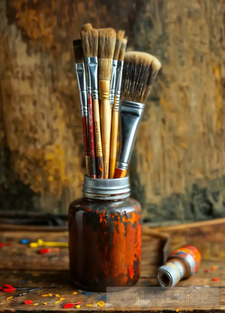 a brush,oily color,painting,can,Scattered colours,Roll,Brush bristles