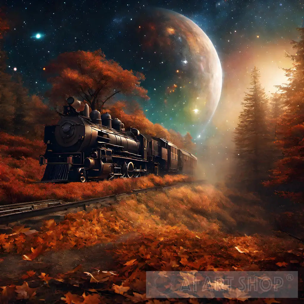 train, old train, autumn, forest, autumn forest, moon, cosmic
