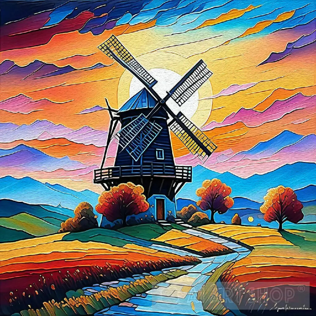 windmill, colorful, old windmill, trees, sun,