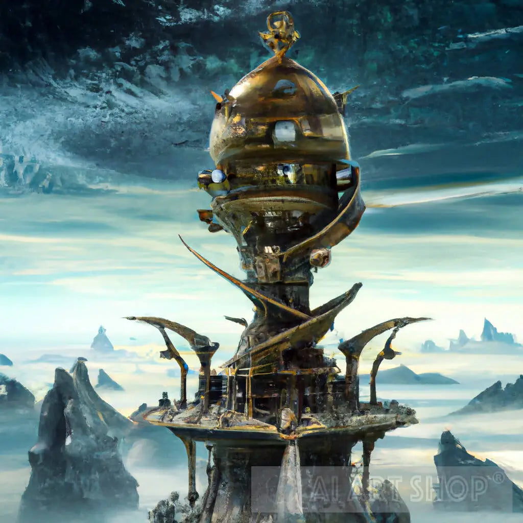 Overworld Fortress: Futuristic fortress tower on mountain peak abov...