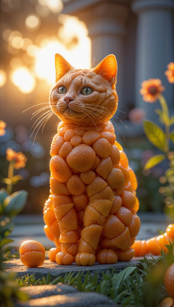 Zesty Whiskers: Cat Coated with Oranges – Unique AI Artwork