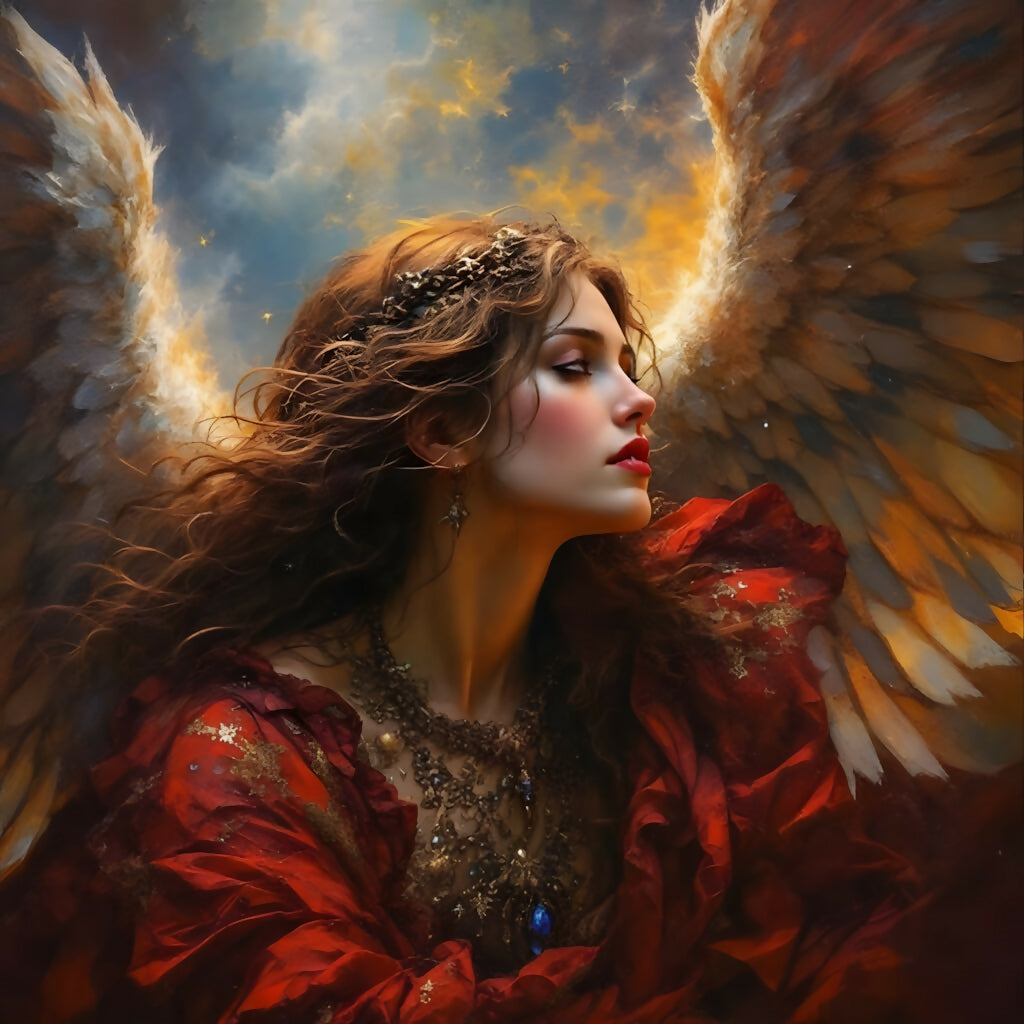 Stormy Angel Art – Dark Fantasy Seraph with Red Dress and Bronze Wings