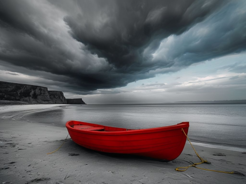Lone Red Rowboat Seascape Wall Art - Dramatic Ocean & Sky Digit...