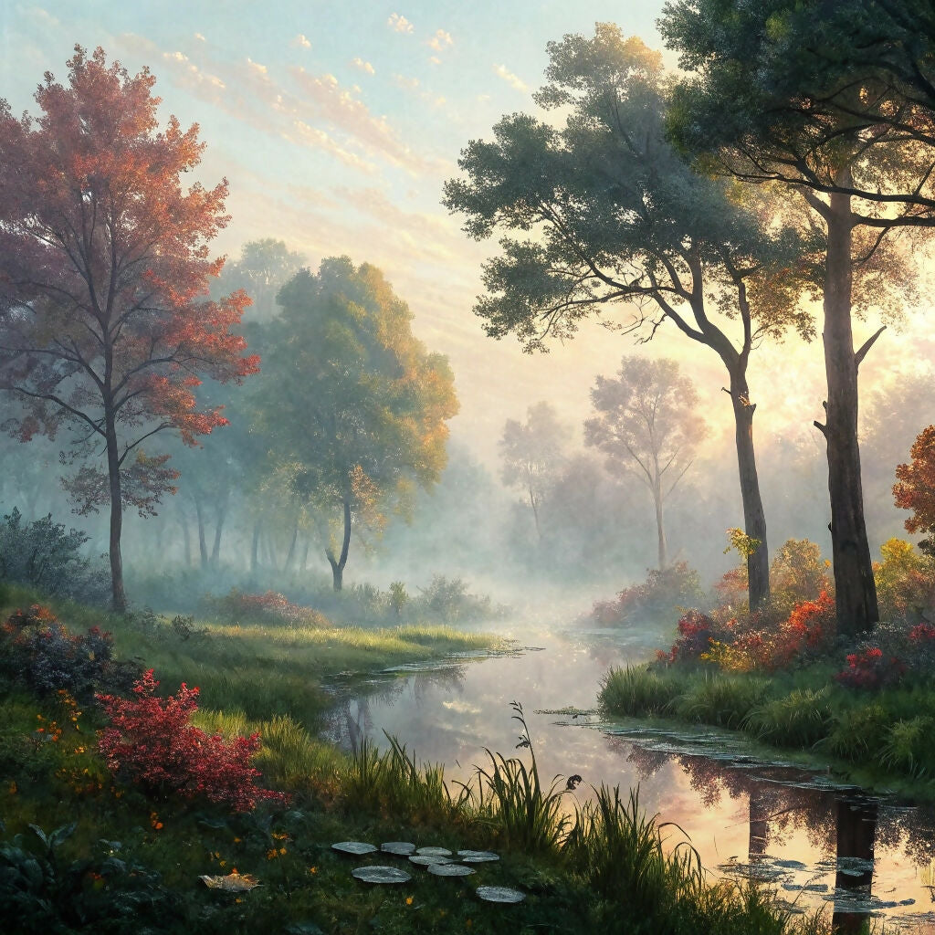`Landscape painting`, `Misty forest`, `Autumnal scene`, `Serene nat...