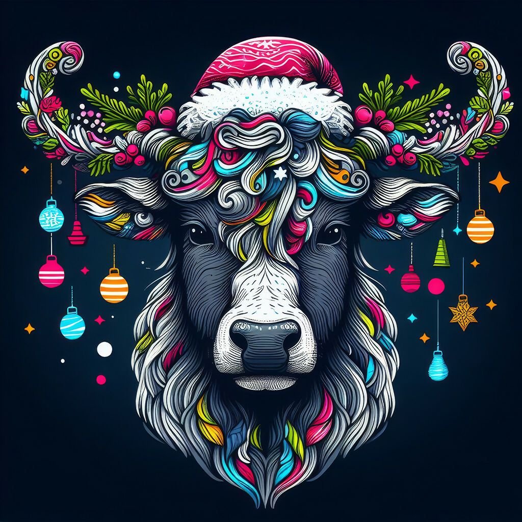 This vibrant illustration features a cow's head adorned with in...