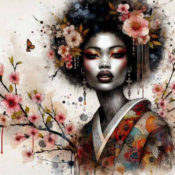 A beautiful watercolor and ink image of an Afro-American woman with...