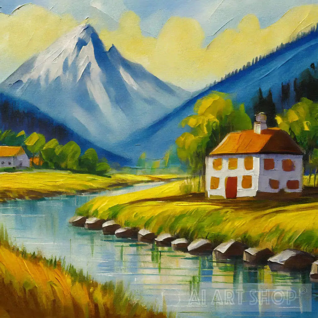 Painting illustration of a house in the farm