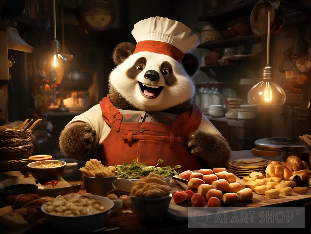 Gourmet Panda: AI Artwork Depicting a Panda Chef's Culinary Art...