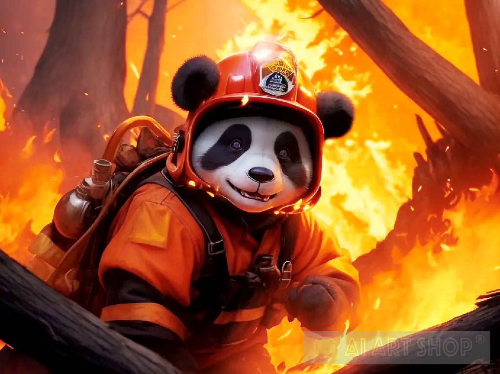 Panda Firefighter's Struggle Against a Raging Forest Inferno