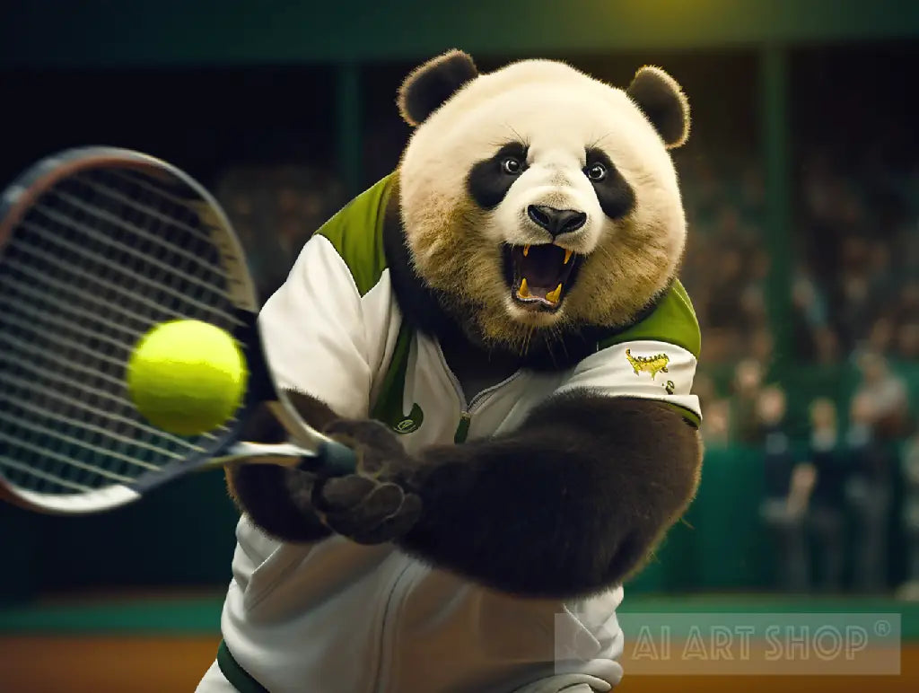 Victory Roar: Panda Tennis Player Smashing the Ball