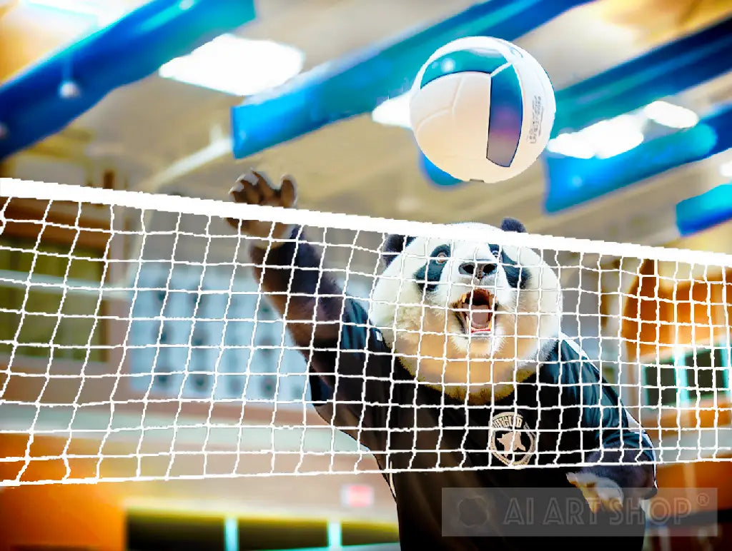Panda Volleyball Player's Skyward Hit