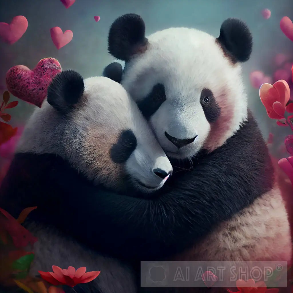 panda, love, heart, couple, cute