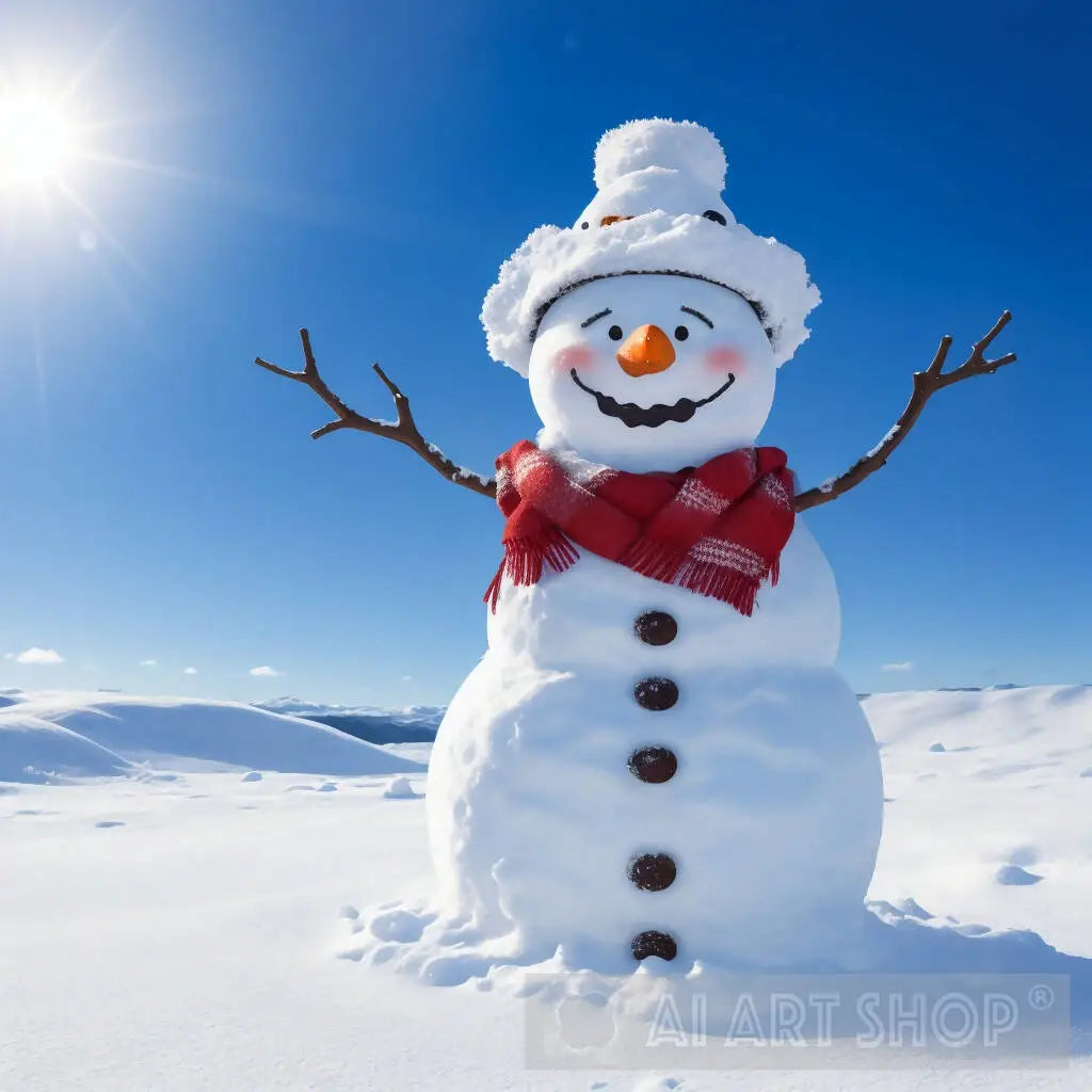 Panoramic view of a happy snowman in winter