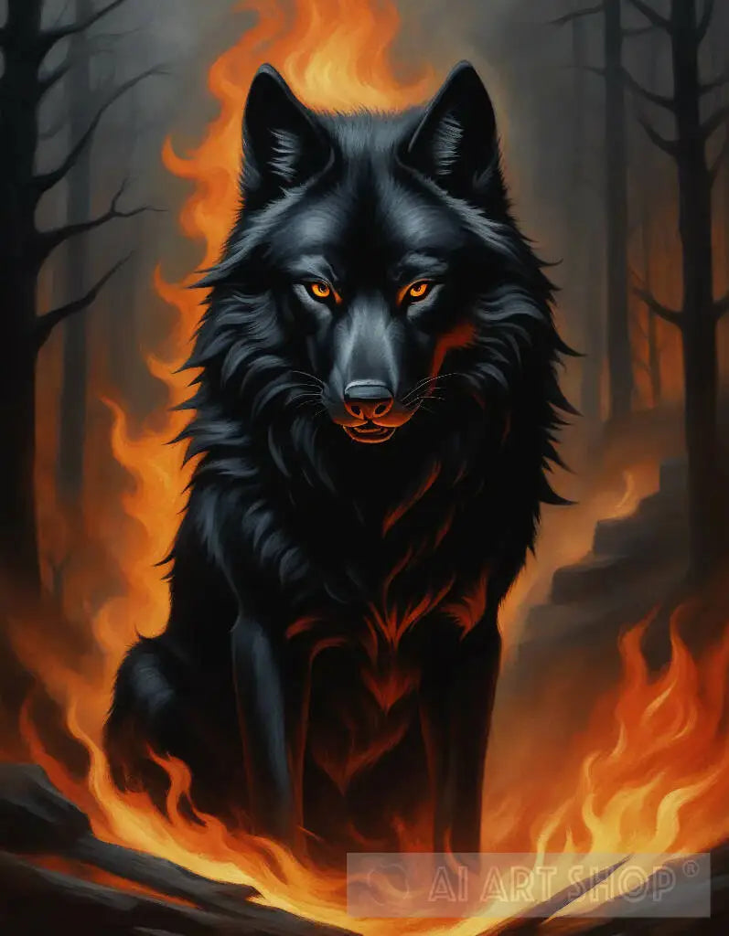 Picture of a mystical black wolf on fire