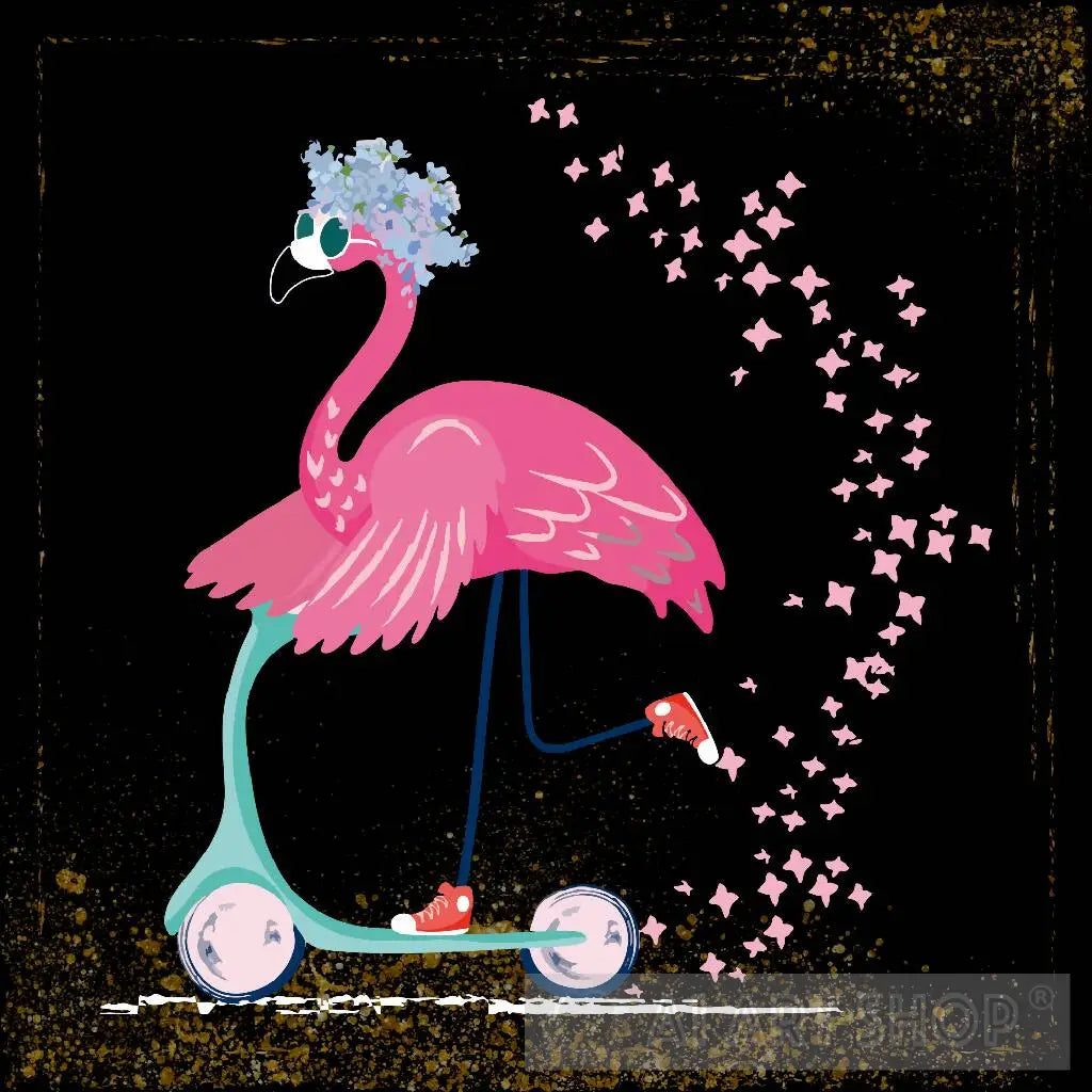 Pink Flamingo On Scooter, Pink Flamingo, Whimsical Art, Playful Sce...