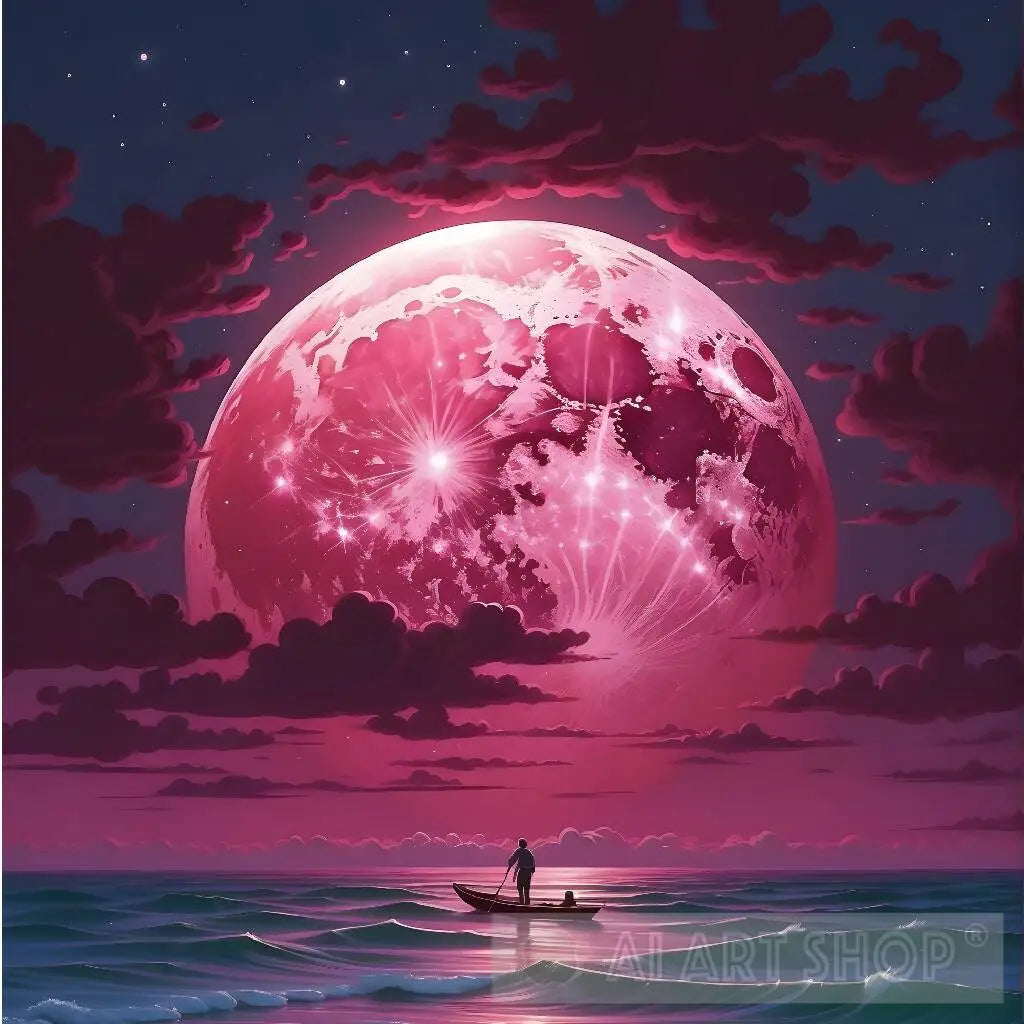 Pink Moon, Celestial Art, Night Sky Elegance, Dreamlike Landscape,