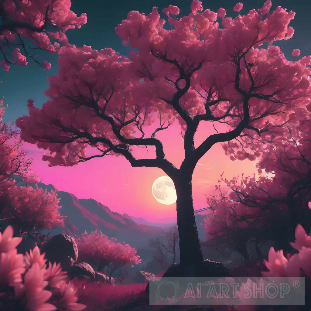 Pink sunset in the forest