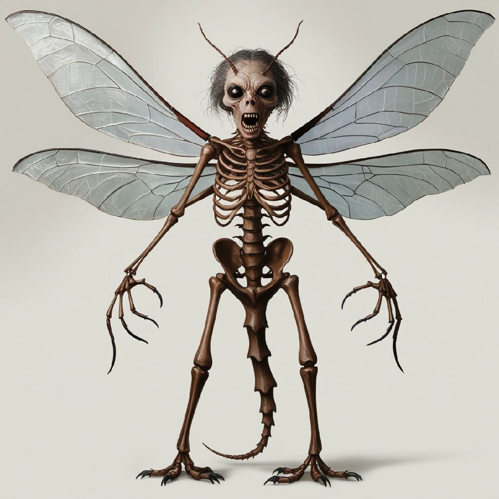 a grotesque, insect- with a skeletal, humanoid form.