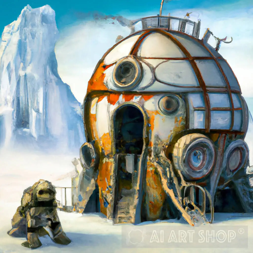 Polar Home: Futuristic igloo on a fantasy frozen planet with a stea...