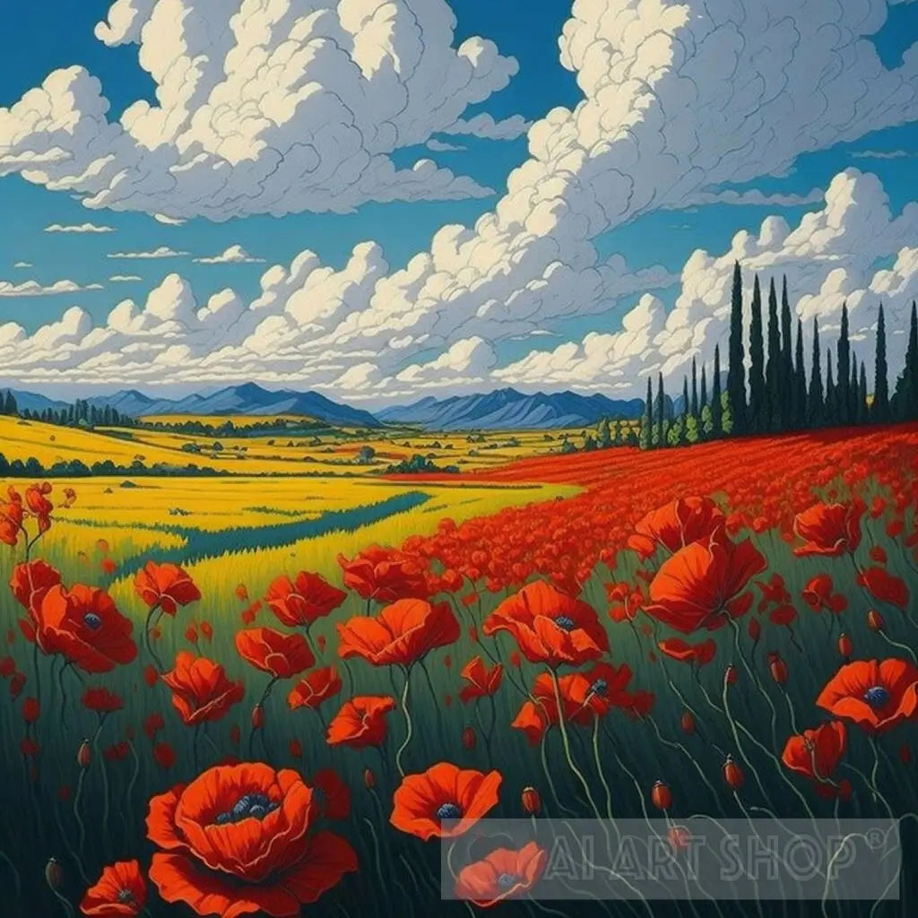Landscape, nature, blue sky, cloud, poppy flowers, field, tree, cou...