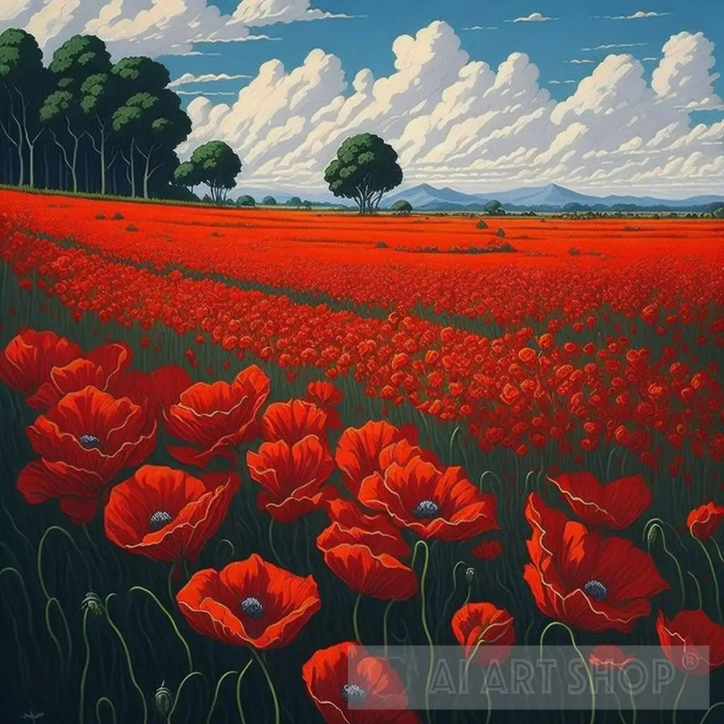 Landscape, nature, blue sky, cloud, poppy flowers, field, tree, cou...