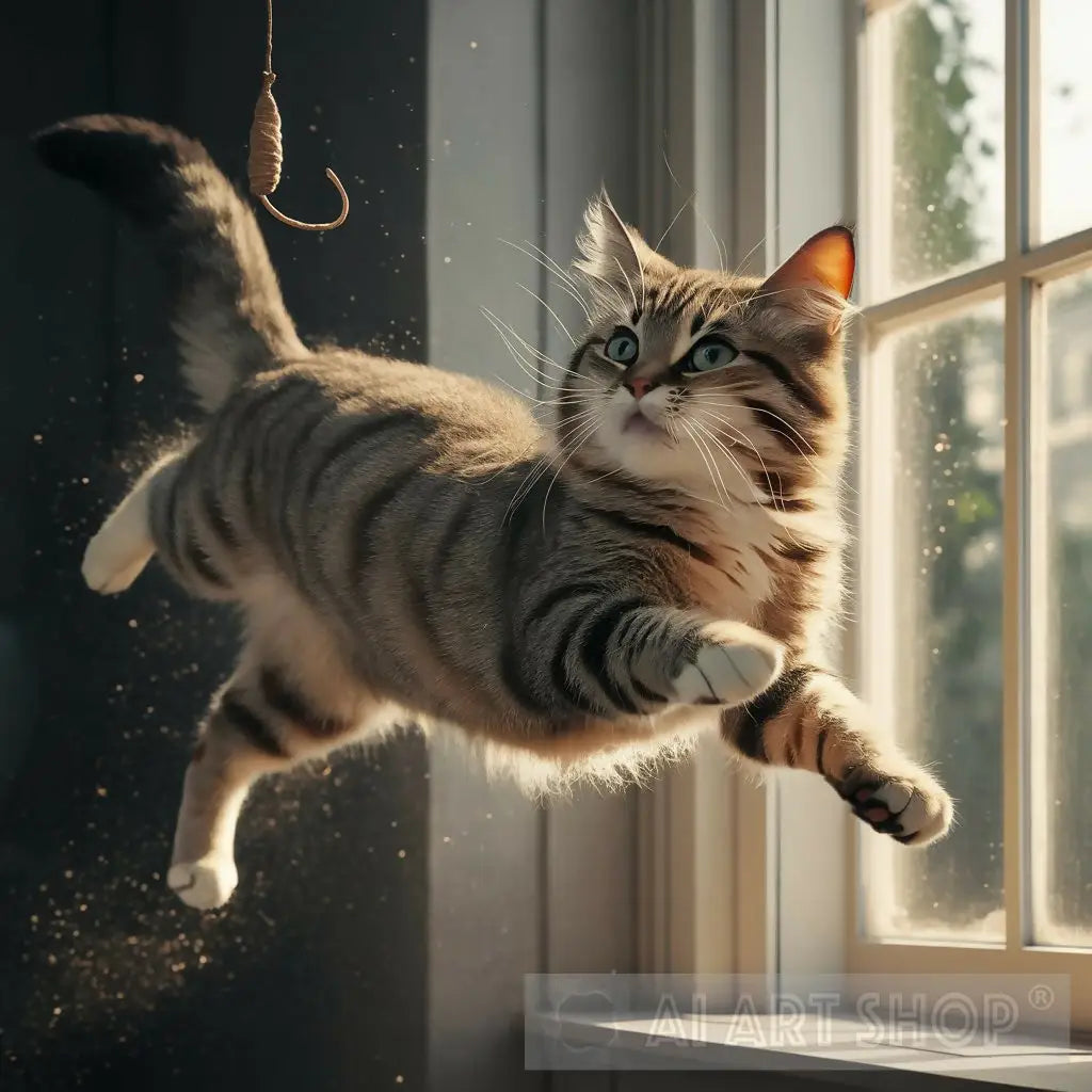 Playful Cat Leaping After Toy in Sunbeam (Photorealistic)