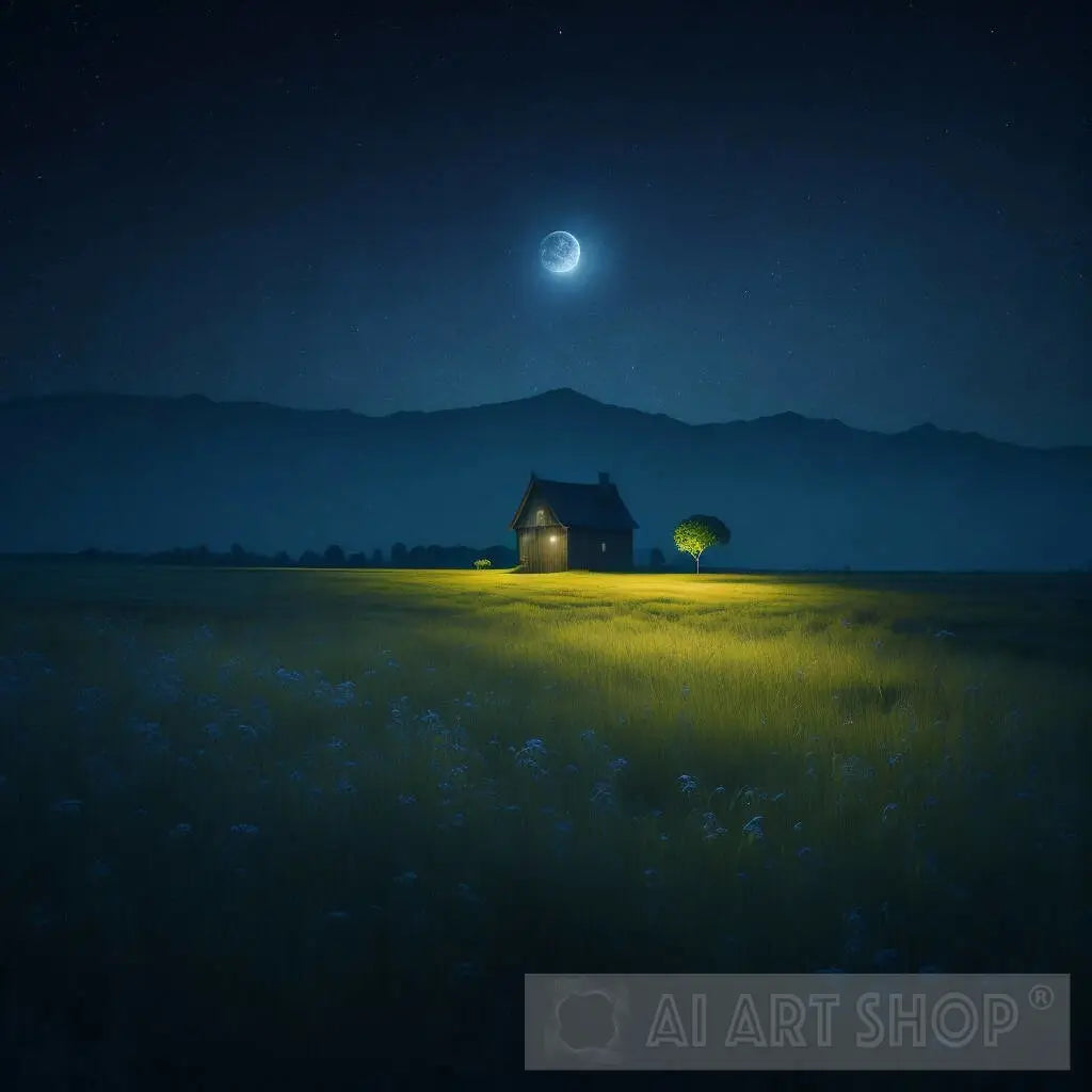 Landscape, Nature, Prairie, Grassland, Little House, Night.