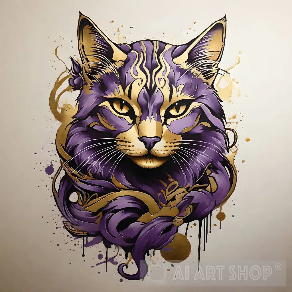 Purple Cat, Artistic Expression, Wall Painting, Vibrant Colors, Cat...