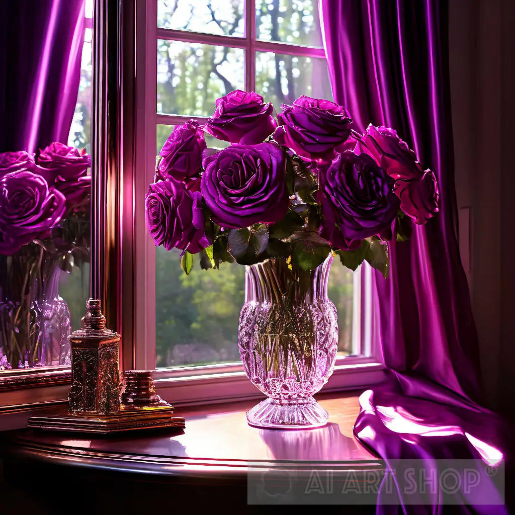 Purple Roses Still Life: Realism, Flowers, Vase, Sunlight, Cozy Roo...
