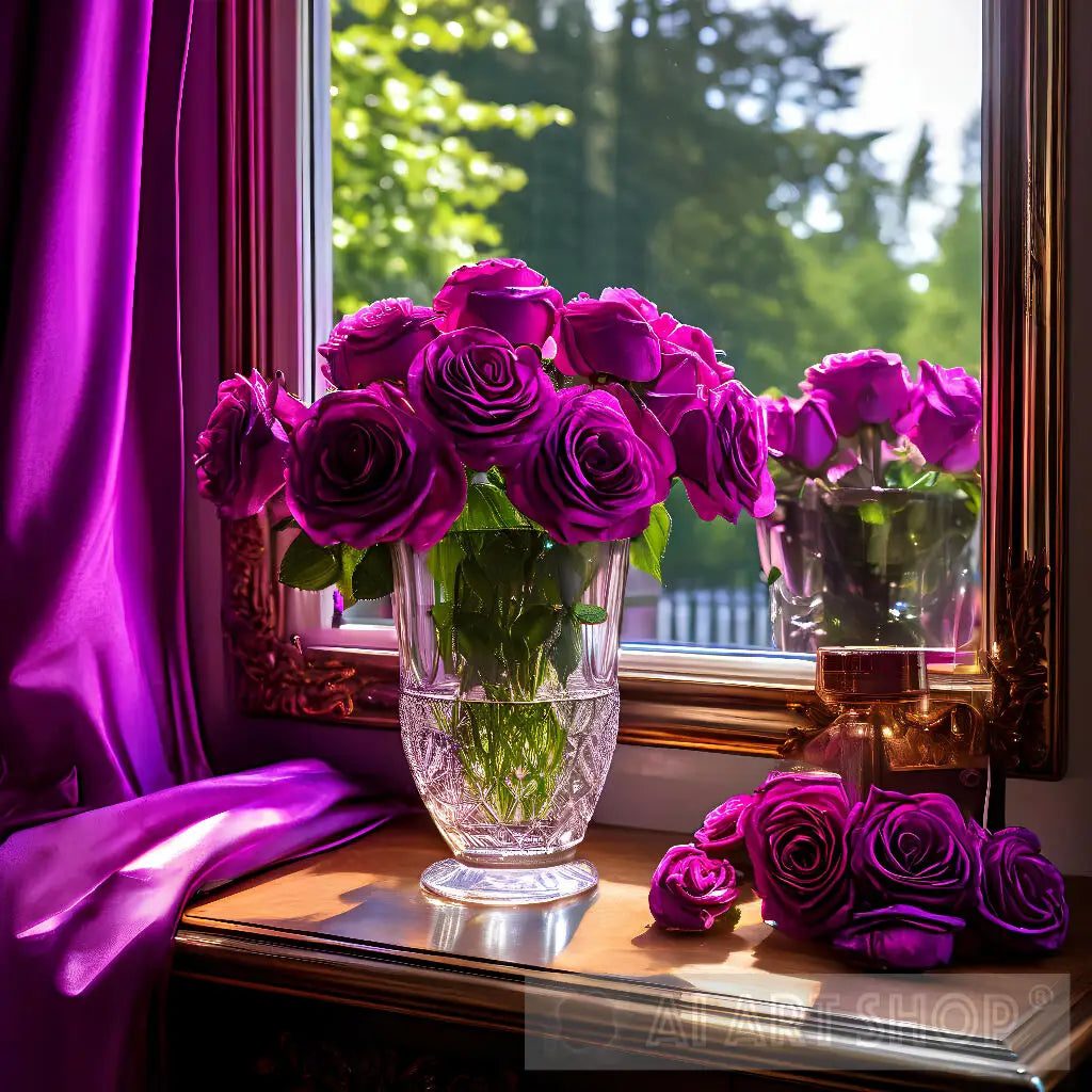 Purple Roses Still Life: Realism, Flowers, Vase, Sunlight, Cozy Roo...