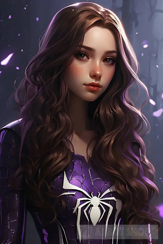 Purple spider girl with long brown hair in the marvel cinematic uni...