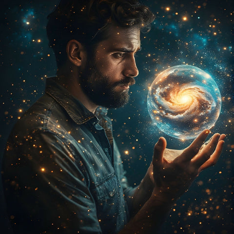 galaxy in hand, cosmic sphere, surreal universe, glowing spiral, st...