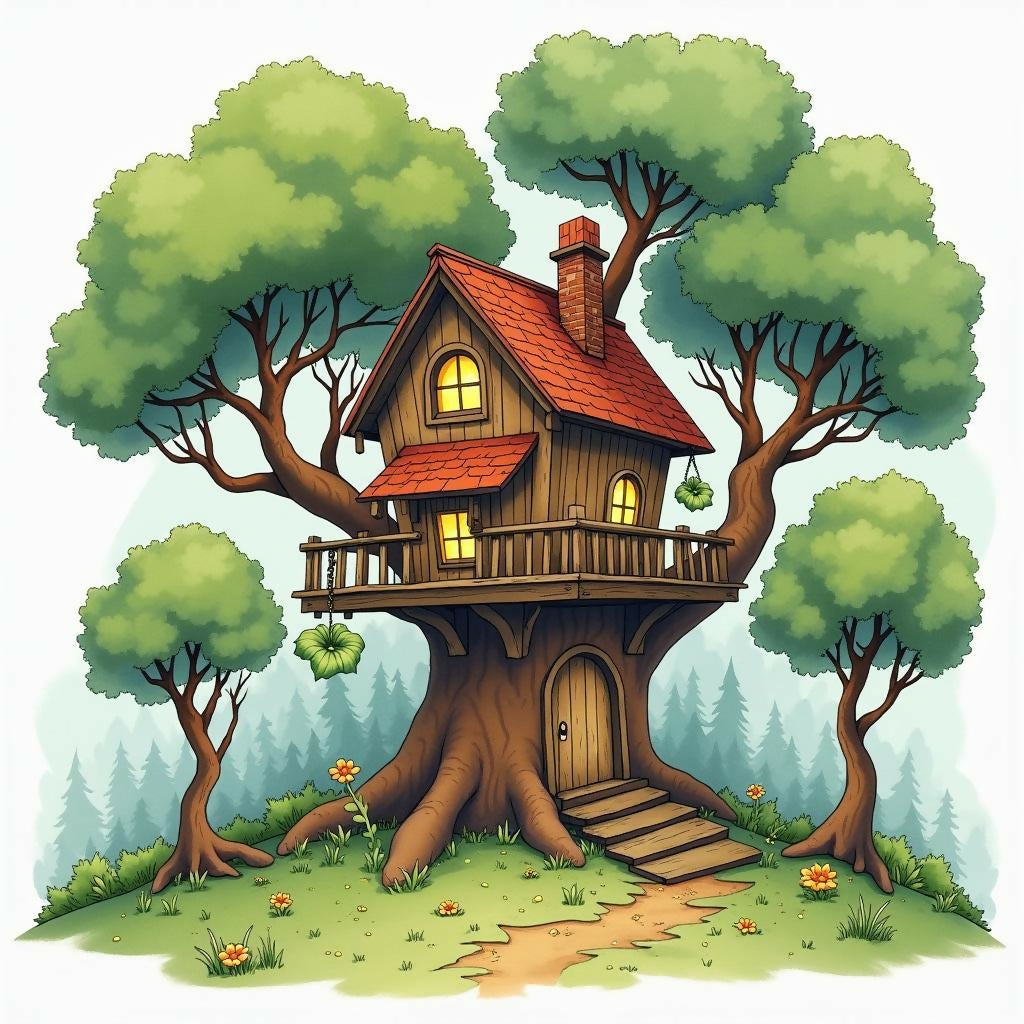 Magical Treehouse Dreams | Whimsical Illustration of a Fantasy Tree...