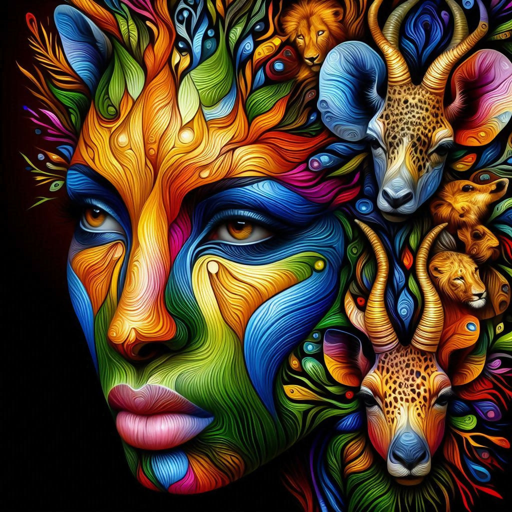 Colorful Fusion of Human Faces and Wildlife in Vivid African Colors.