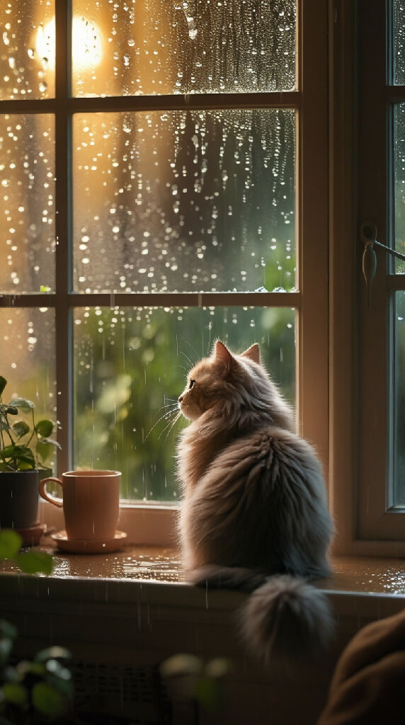 "A cozy indoor scene with soft rain falling outside the window