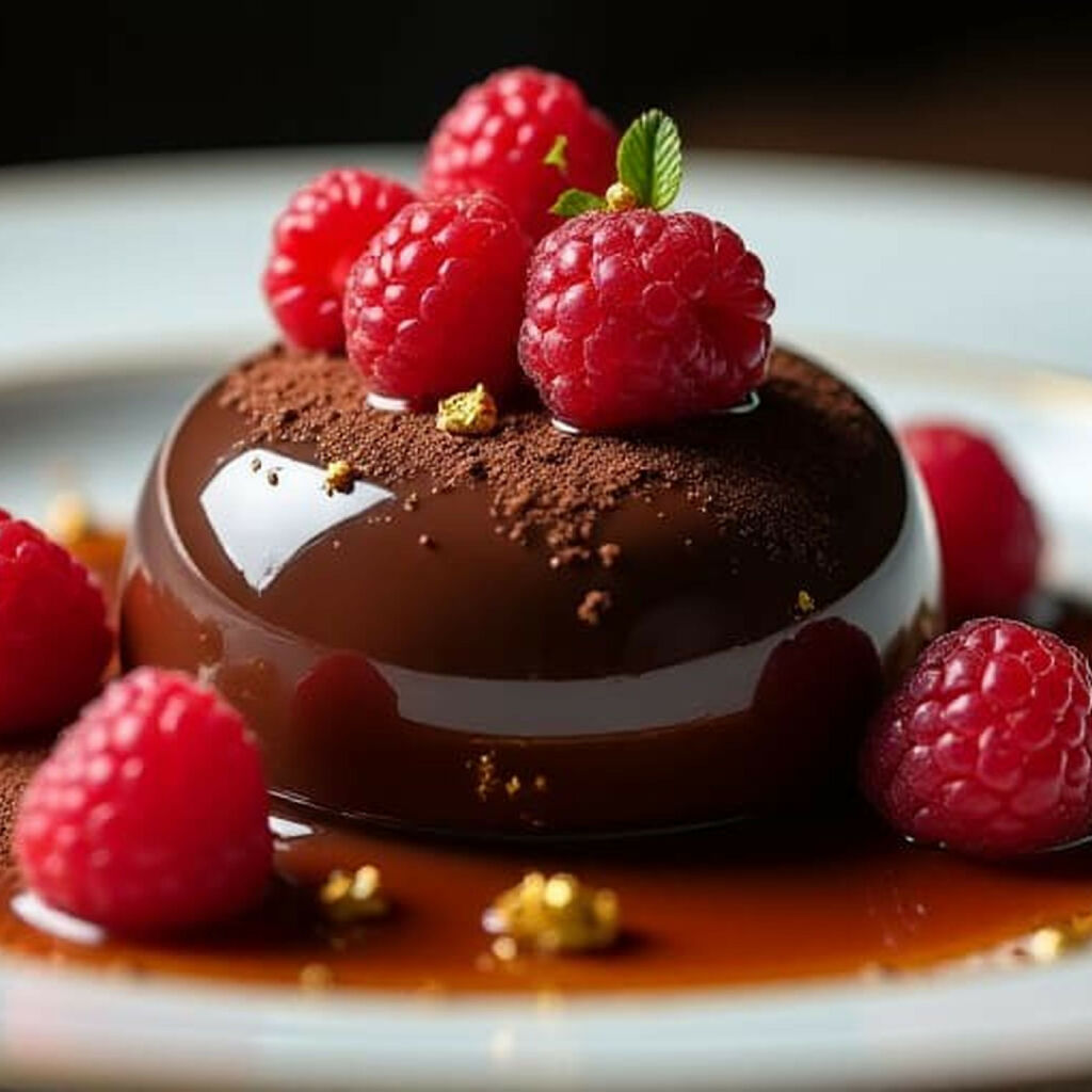 Chocolate Mousse with Fresh Raspberries and Gold Flakes