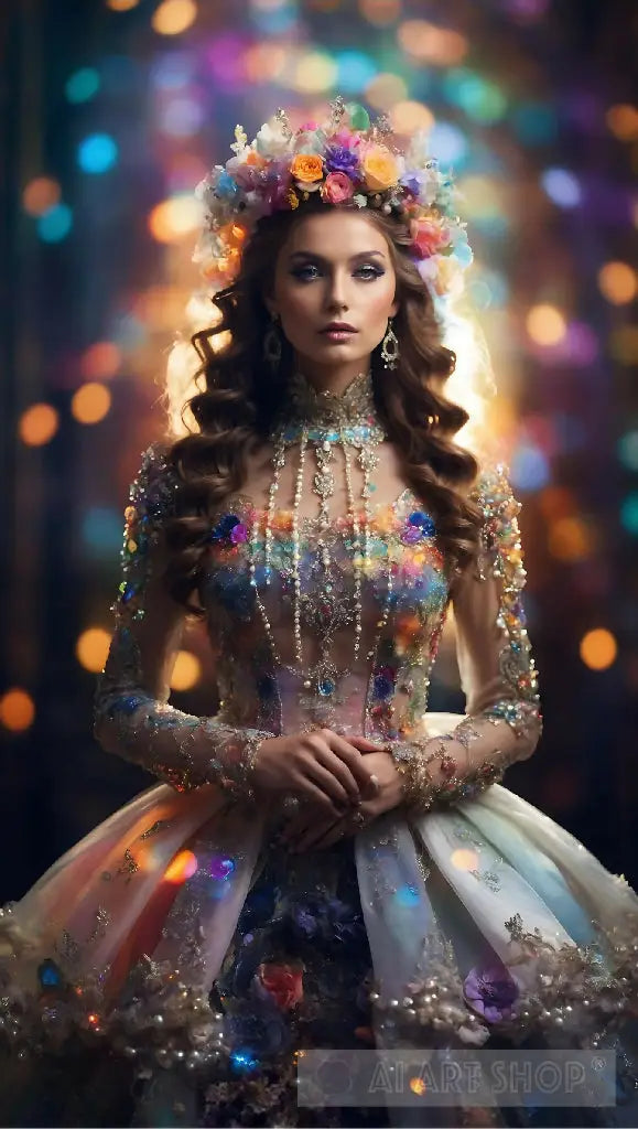 Queen, Magical Fantasy, Light Rainbow Dress, with translucent sleev...