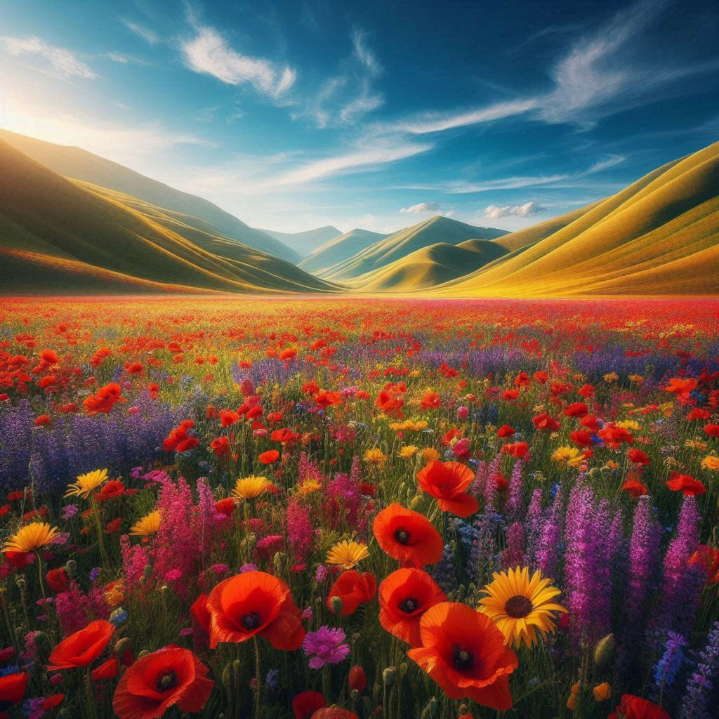colourful, flowers, bed of flowers, landscape, mountain, nature, sk...