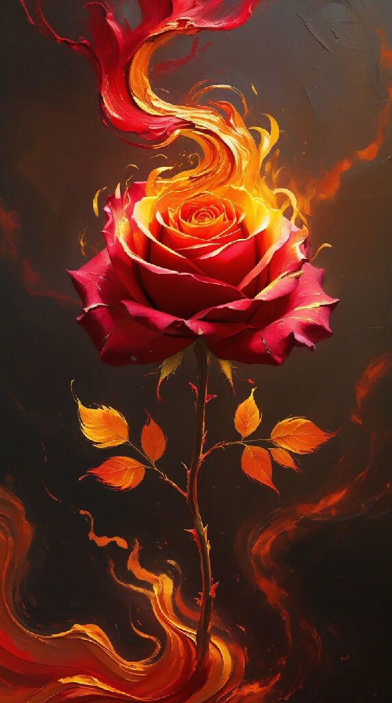 A surreal rose with delicate, curved petals transforming into vibra...