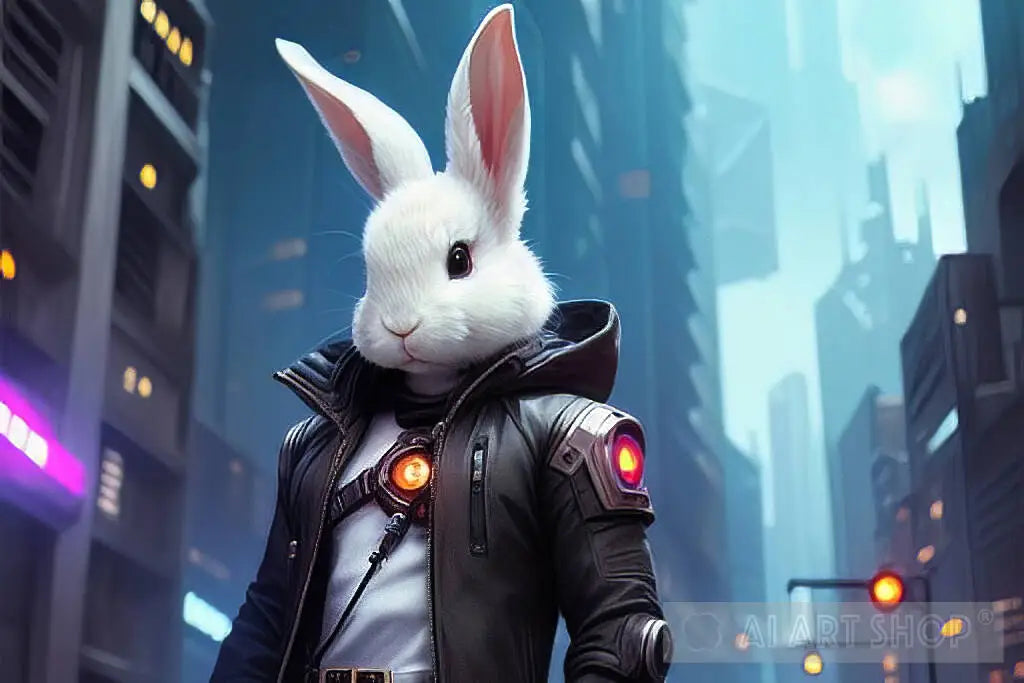 Rabbit in a black leather Jacket Sci-Fi Cyberpunk