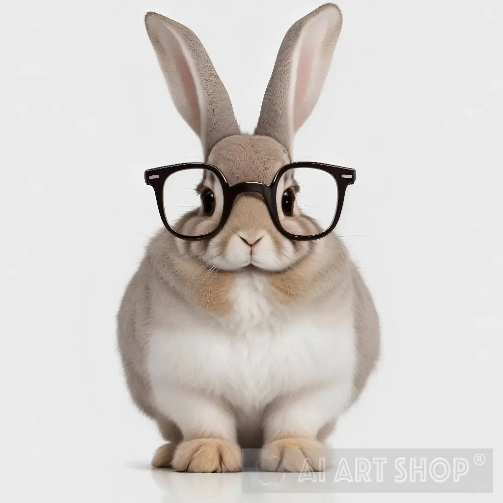 Rabbit with small square glasses looking amused full body is isolat...