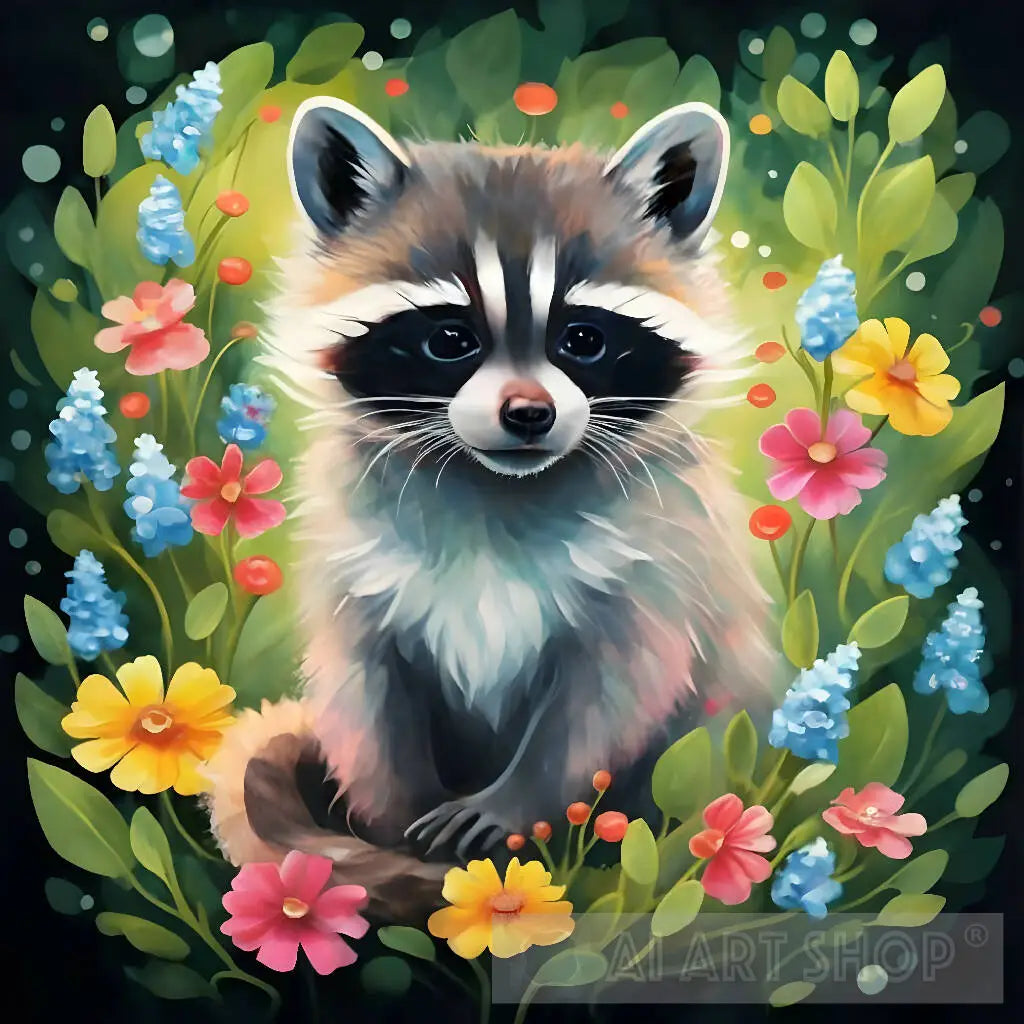 ai art Raccoon in the Flowers
