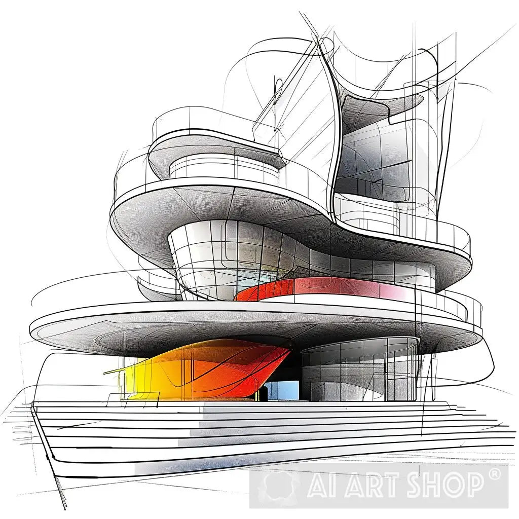 Radiant Wave: Contemporary Building with Curved Lines and Vibrant A...