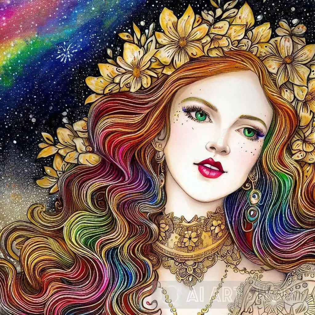 Milky way, illustration, girl illustration, rainbow, woman portrait